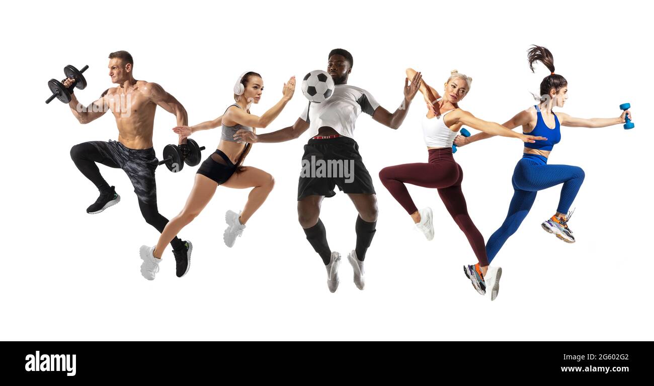 Sport collage. Running, fitness, soccer football players in action ...