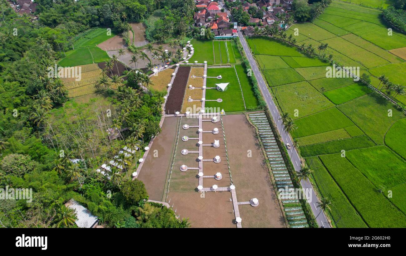 Aerial view of At Svargabumi Borobudur. Seeing the green rice fields ...