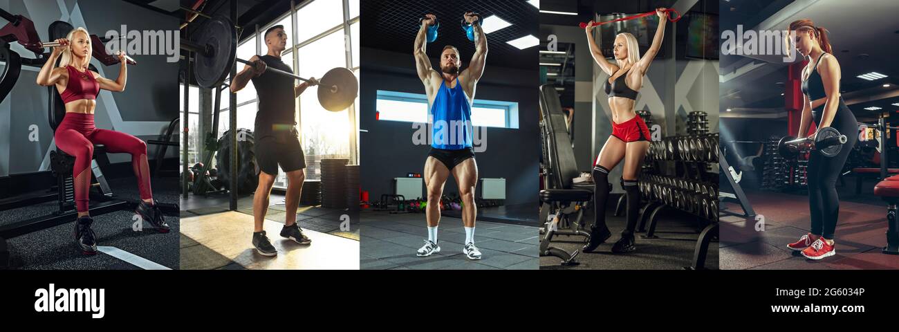 Muscular young female and male athlete, collage with the different ...