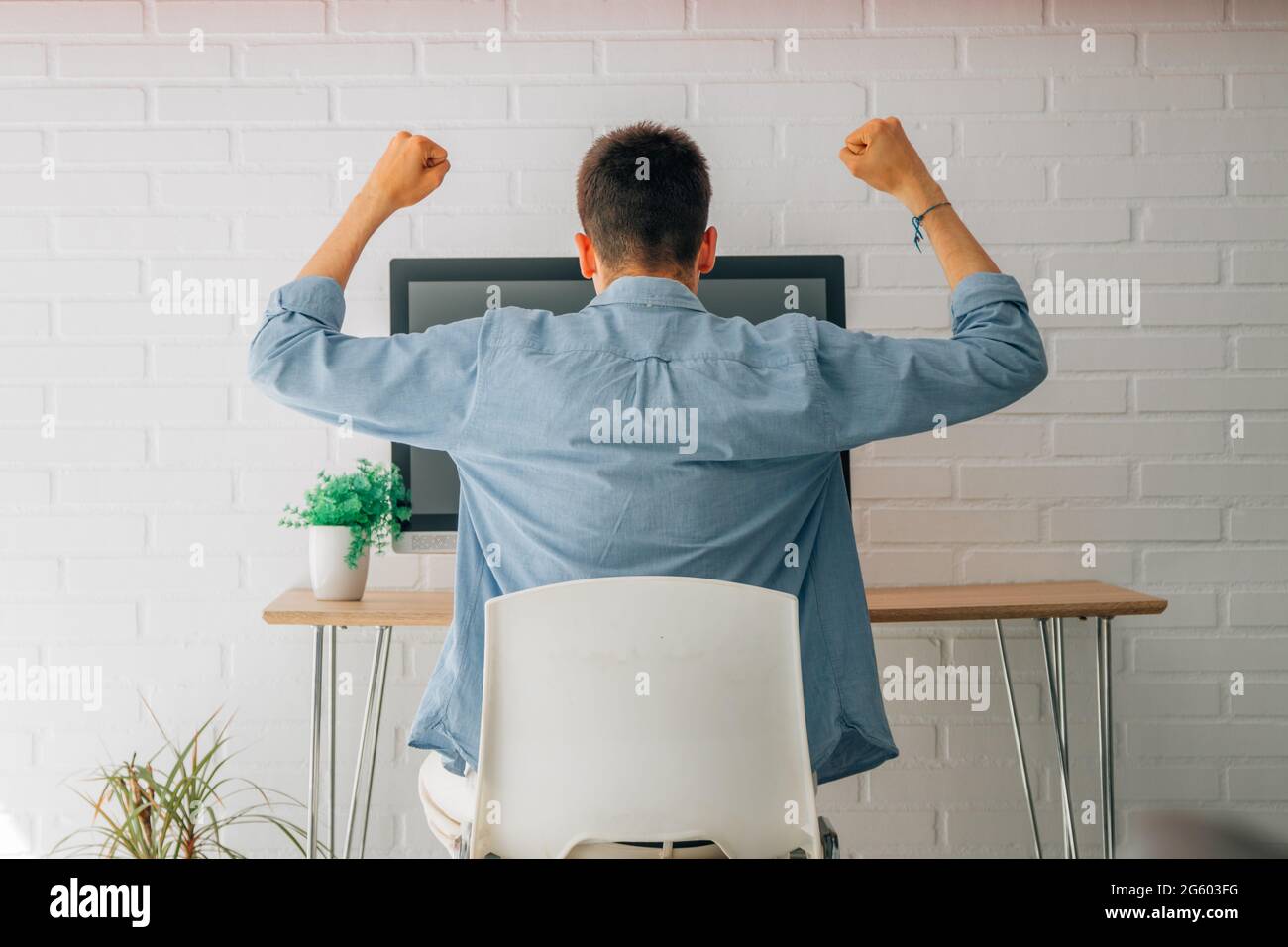 teenager or student with success sign on the desk with computer Stock ...