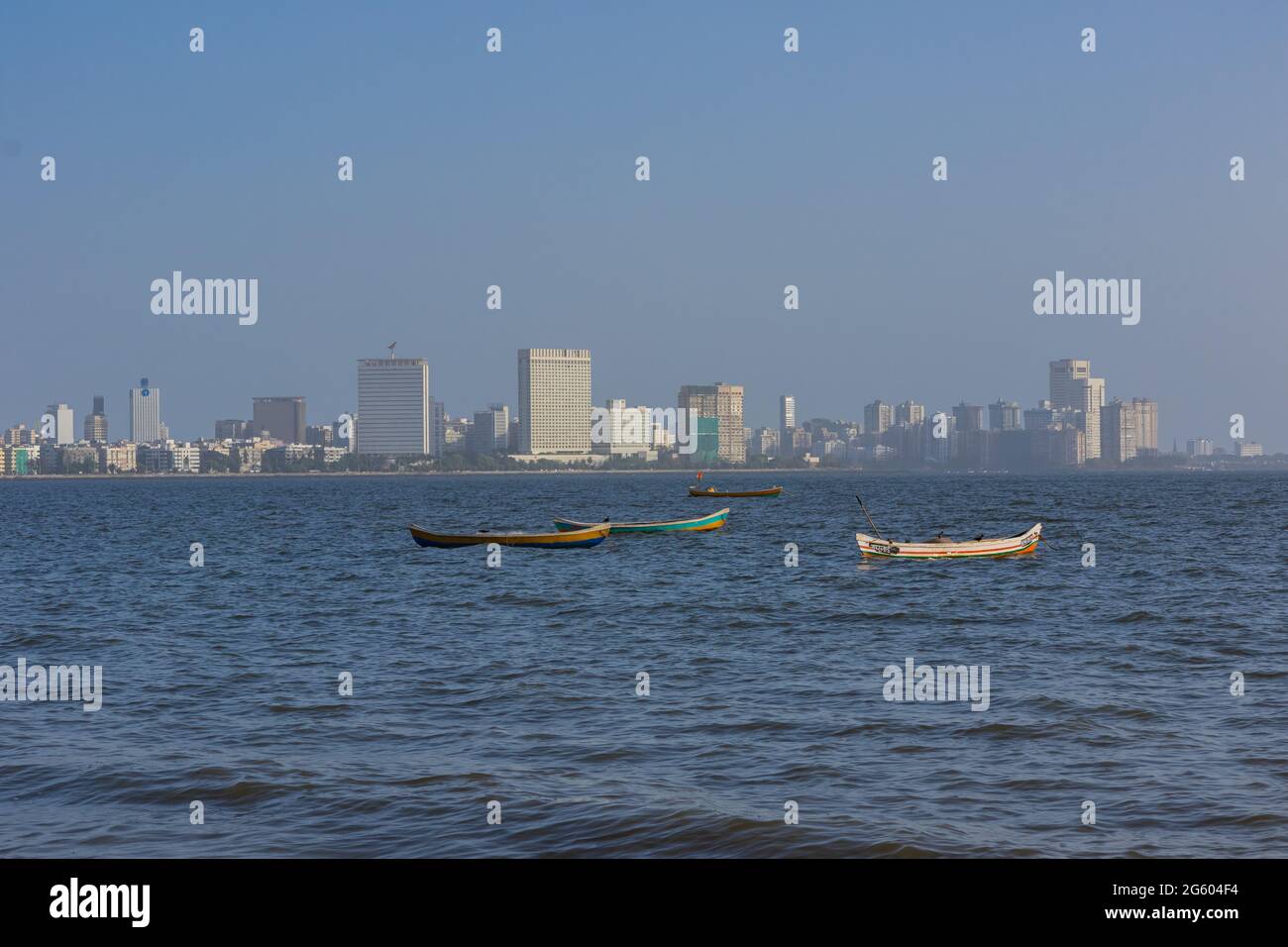 A view of the Mumbai skyline from marine drive beach at Mumbai India on ...