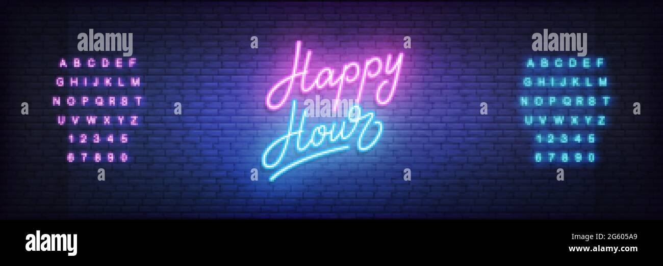 Happy Hour neon template. Glowing neon lettering Happy Hour sign Stock ...