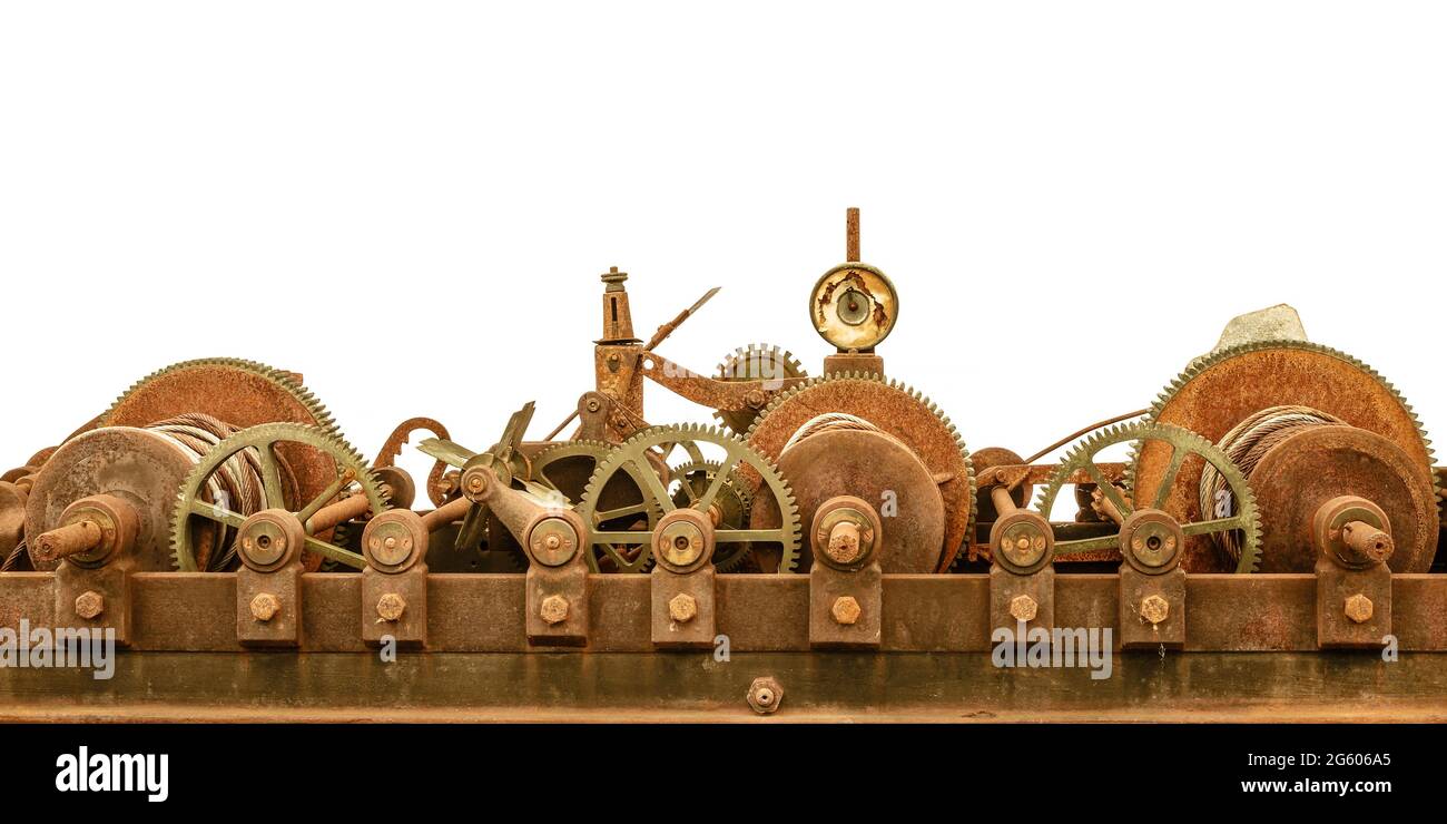 Rusty ancient church clock mechanism isolated on a white background ...