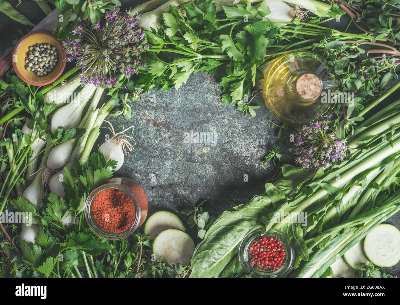 Food background frame with green vegetables and aromatic herbs for ...