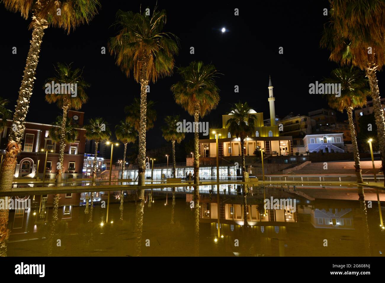 Night view of Fatih mosque. View from Shatervani. Durres. Albania Stock ...