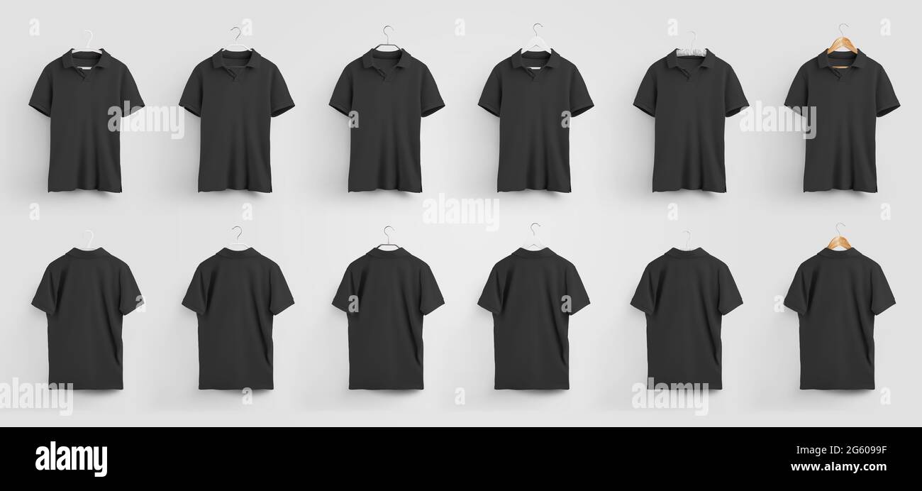 Men's polo set hanging on wooden, plastic, fabric, metal hangers, blank ...