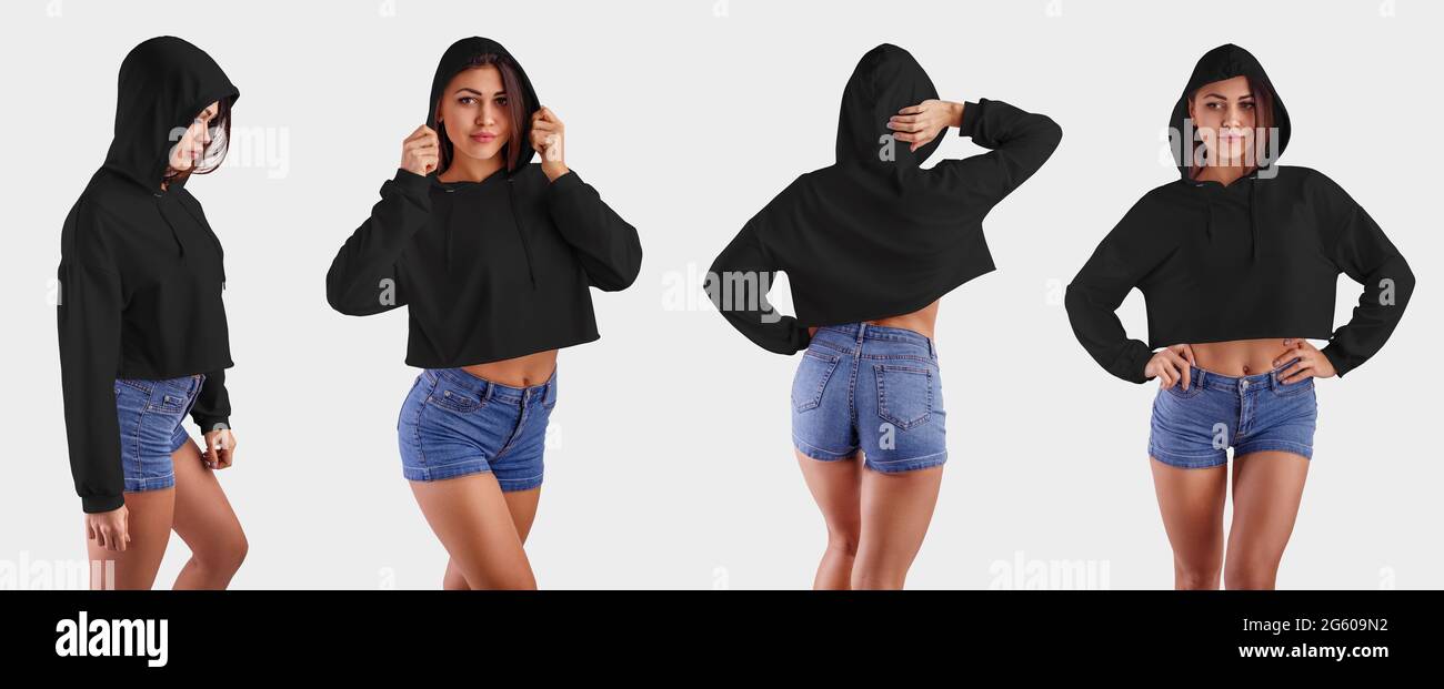 Template of empty fashionable hoodie on a girl in a hood posing on a ...