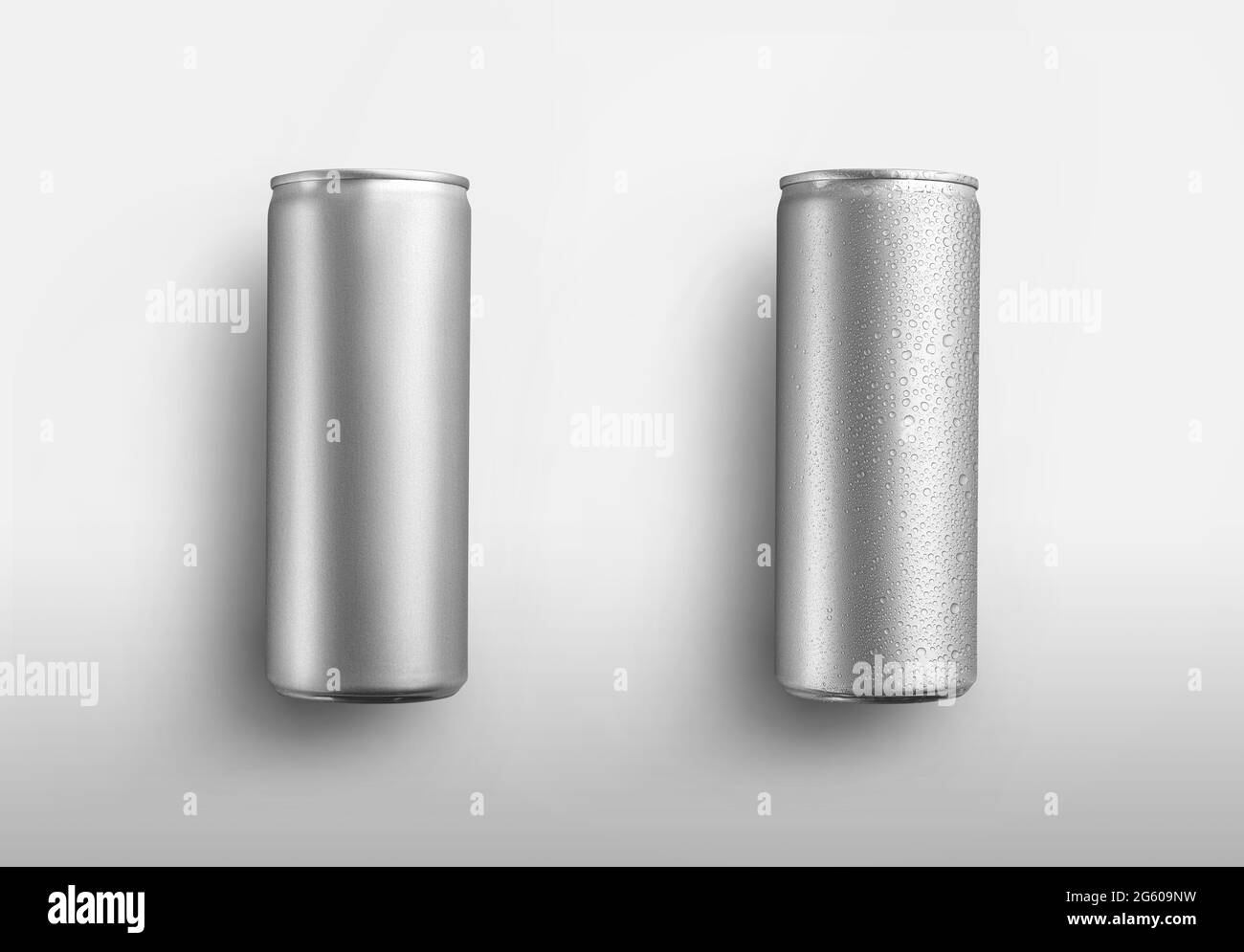 Set of silver high aluminum cans with beer, with water condensate ...