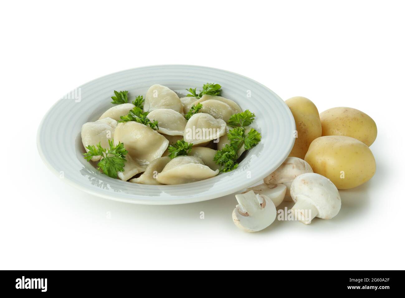 Concept of tasty food with vareniki or pierogi isolated on white ...