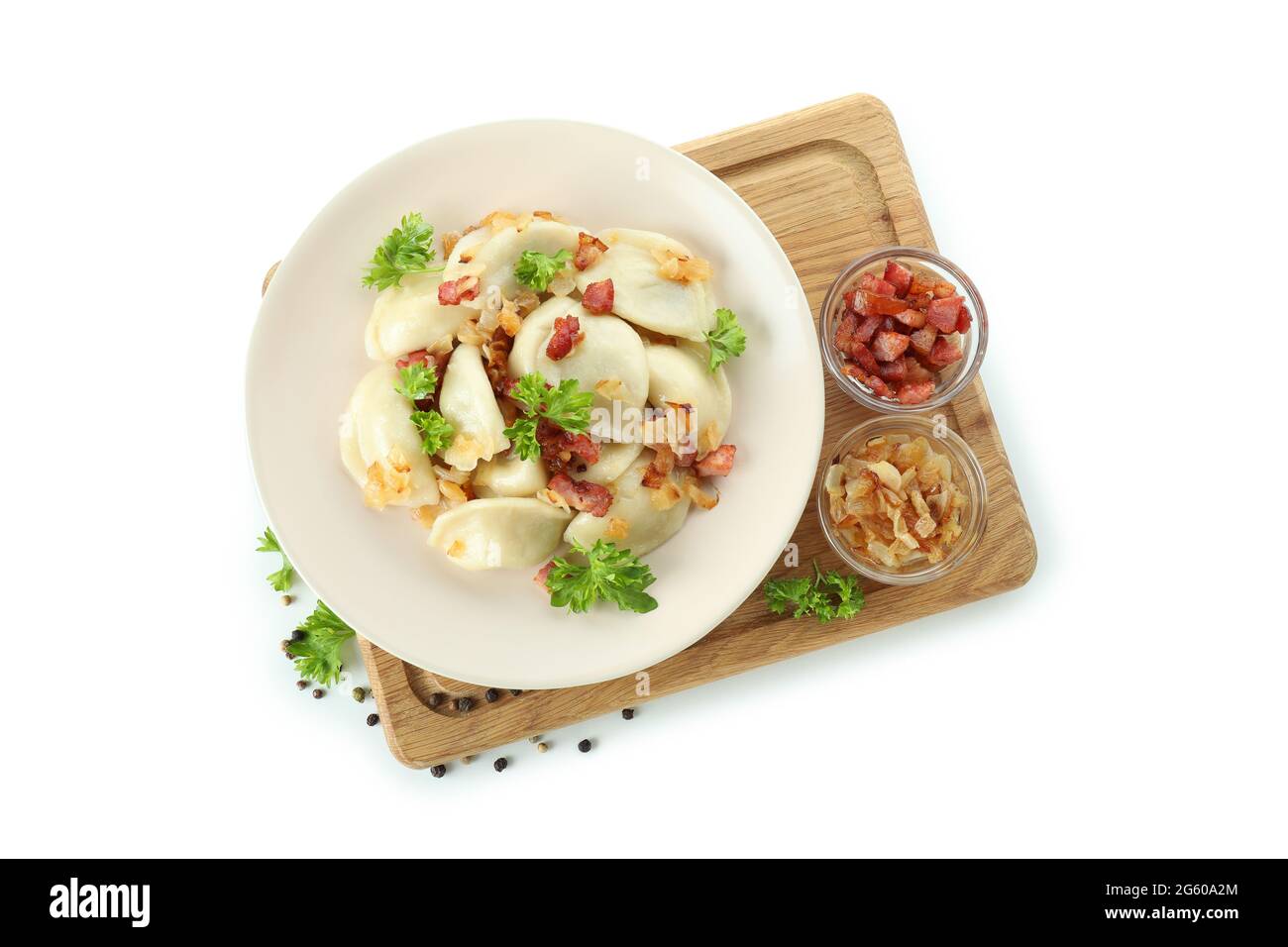 Concept of tasty food with vareniki or pierogi isolated on white ...