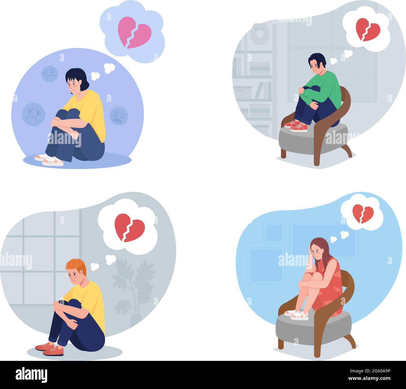 Lonely teen upset over breakup 2D vector isolated illustration set ...