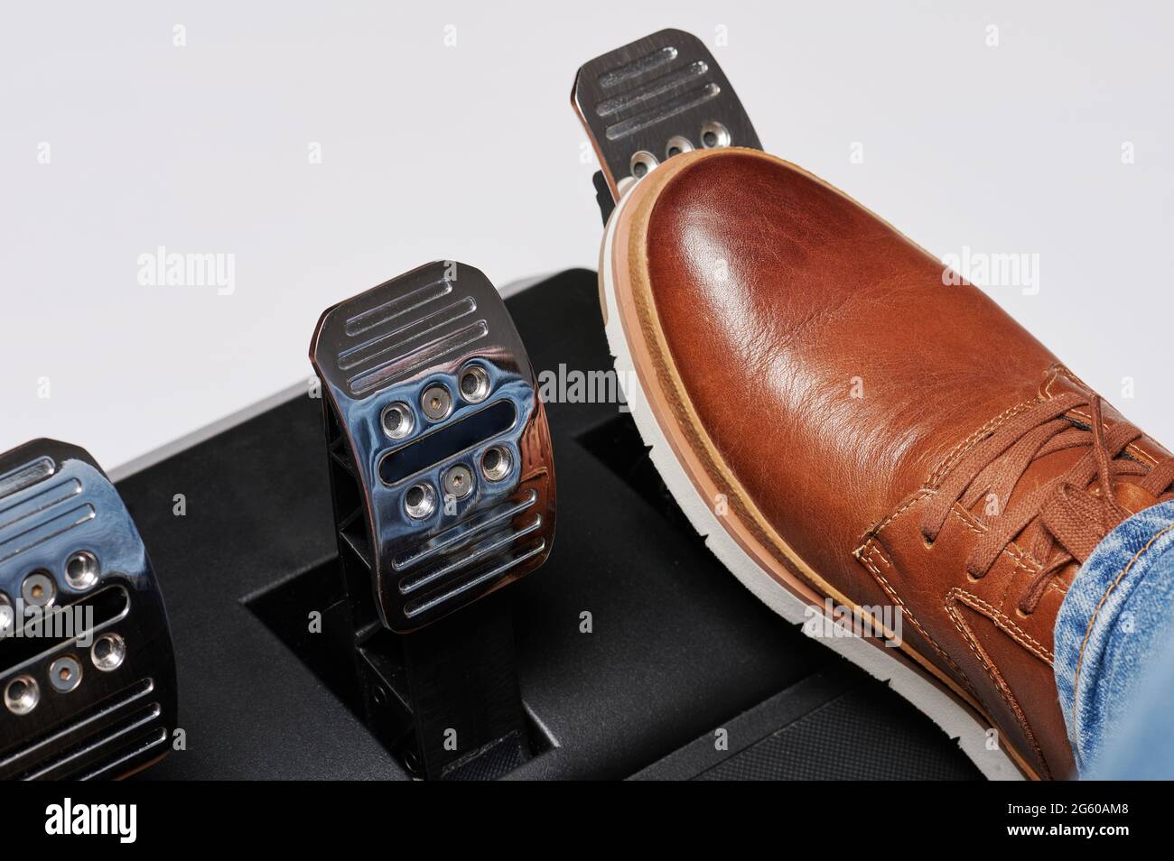 Accelerate in fast car theme . Push shiny metal car pedal isolated ...