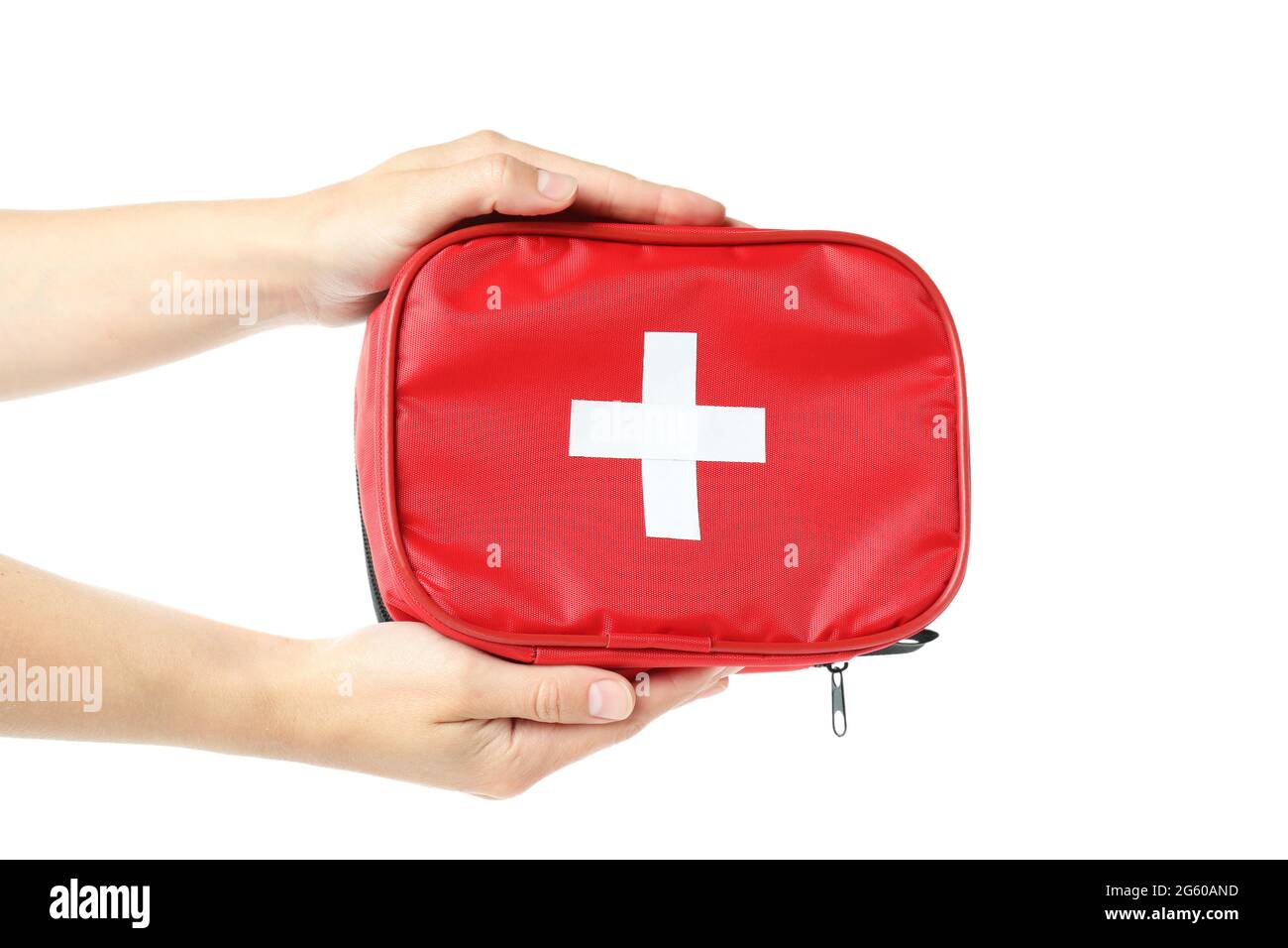 Female hands hold first aid medical kit, isolated on white background ...