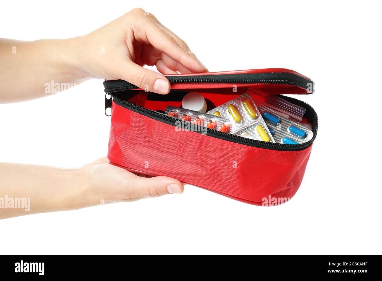 Female hands hold first aid medical kit, isolated on white background ...