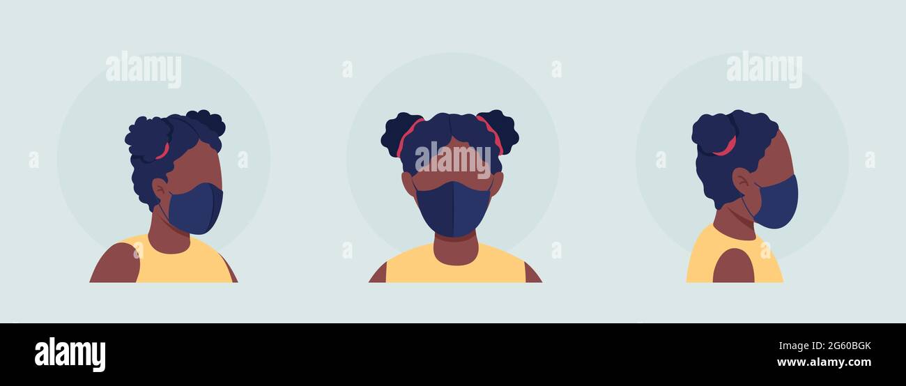 Black female semi flat color vector character avatar with mask set ...
