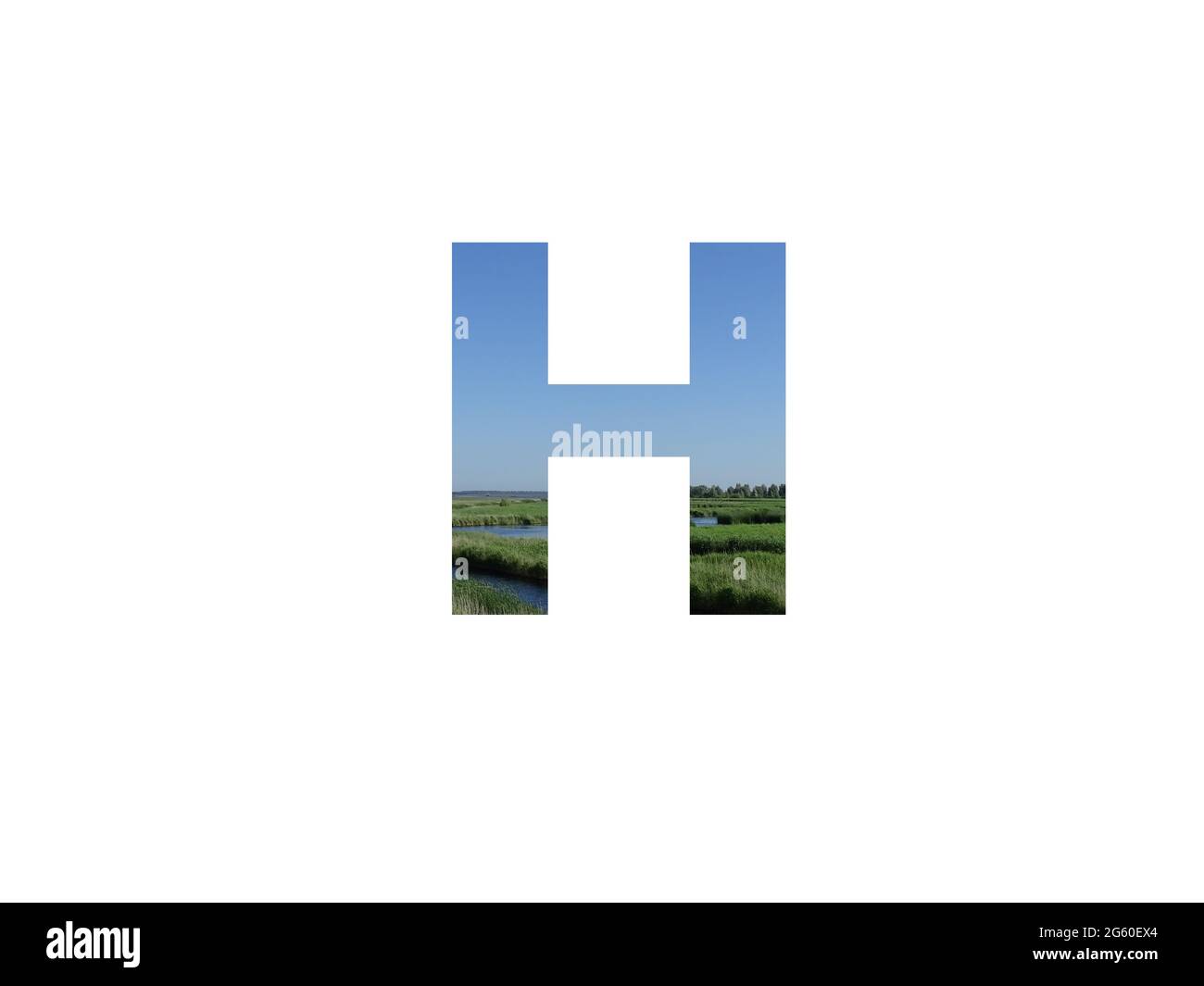 letter H of the alphabet made with landscape with grass, stream and a ...