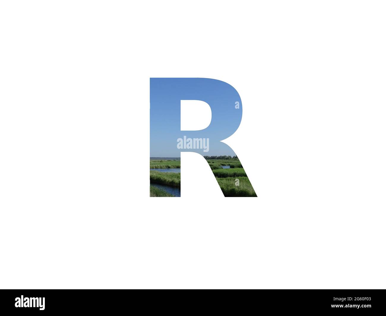 letter R of the alphabet made with landscape with grass, stream and a ...