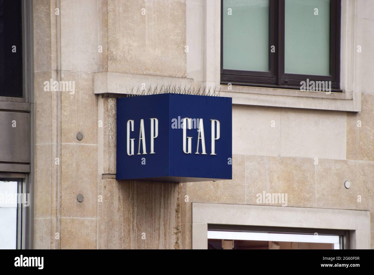 Gap sign detail outside the store on Oxford Street, London, which ...