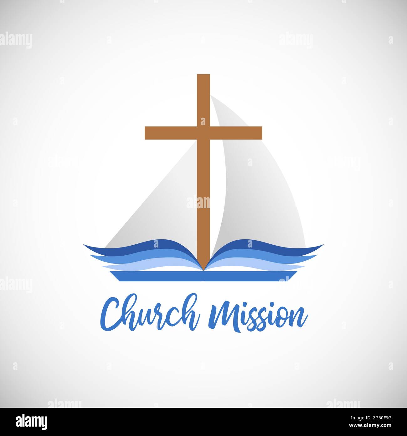 Christian church mission concept. Religious cross, open blue book with ...