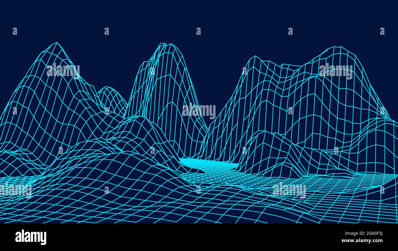 Abstract wireframe landscape design on blue background. Technology ...