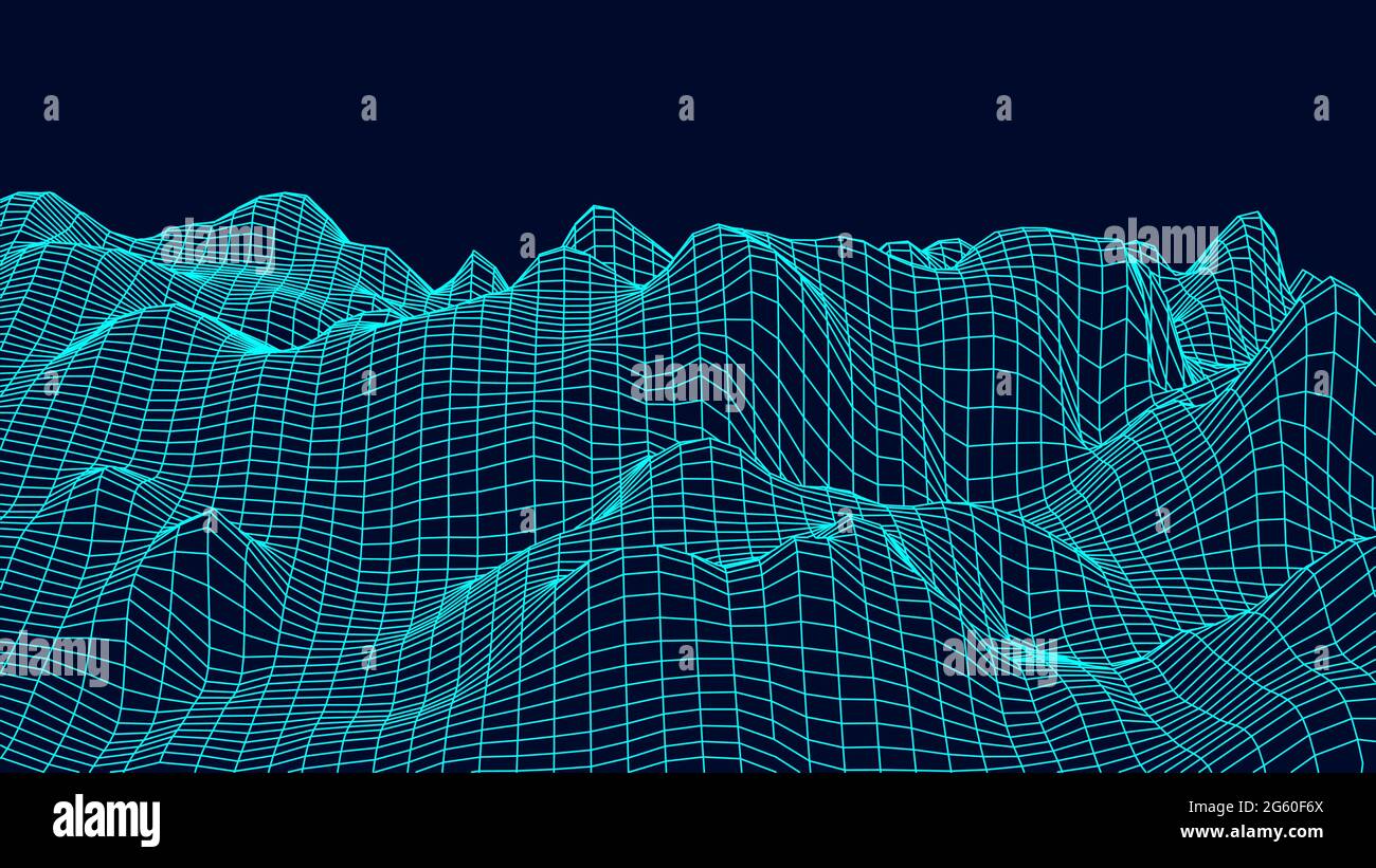 Abstract wireframe landscape design on blue background. Technology ...