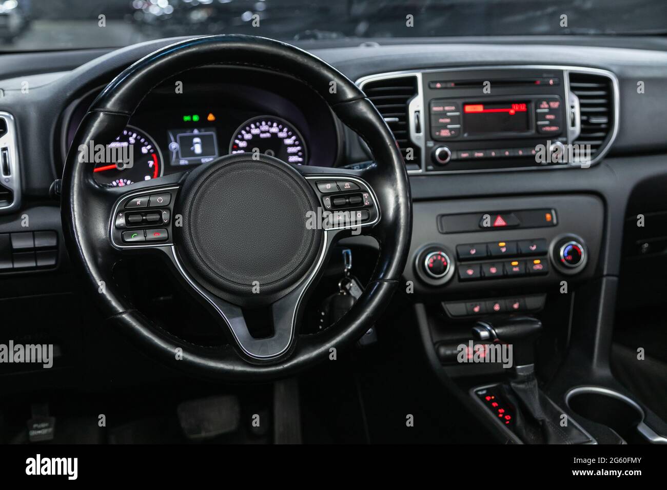 car Interior - steering wheel, shift lever and dashboard, climate ...