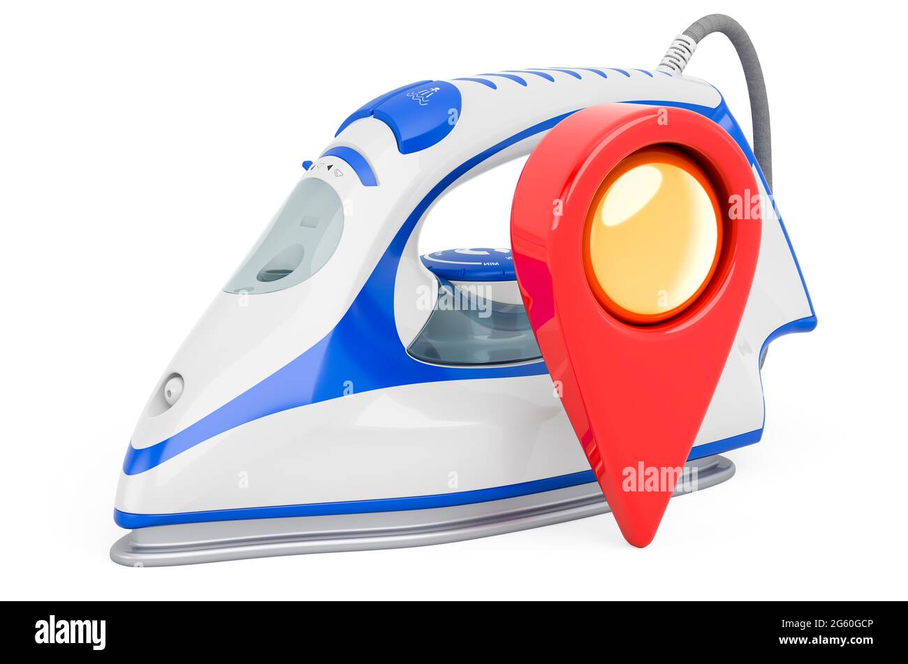 Map pointer with electric steam iron. 3D rendering isolated on white ...