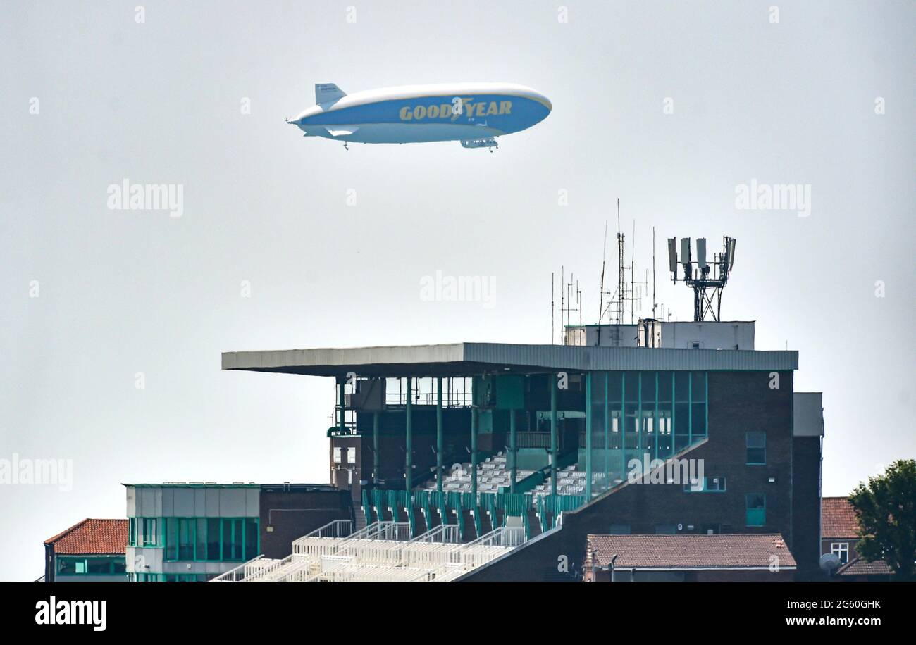 Brighton UK 1st July 2021 - The Goodyear Blimp Airship passes over ...