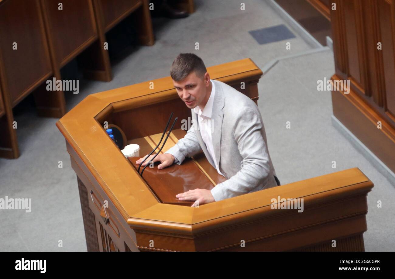 KYIV, UKRAINE - JULY 1, 2021 - MP Anton Poliakov delivers a speech ...