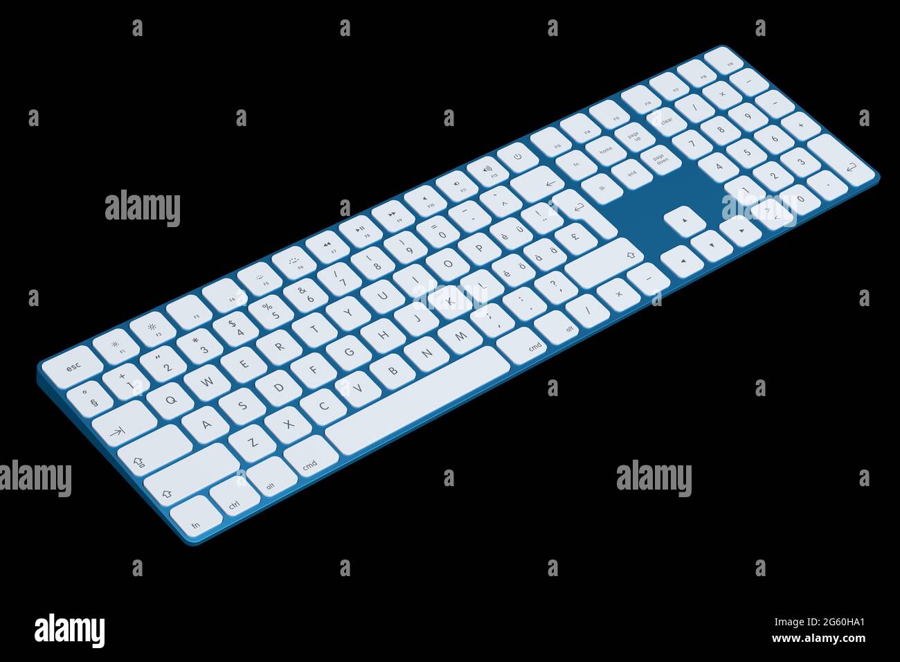 Modern blue aluminum computer keyboard isolated on black background ...