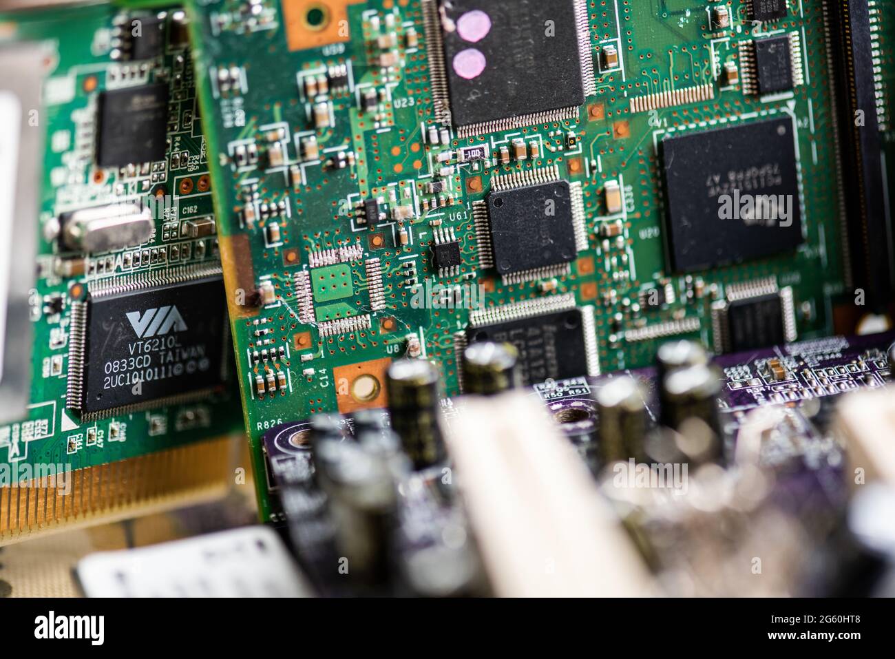 Close up image of circuit boards taken from old PC desk top computers ...