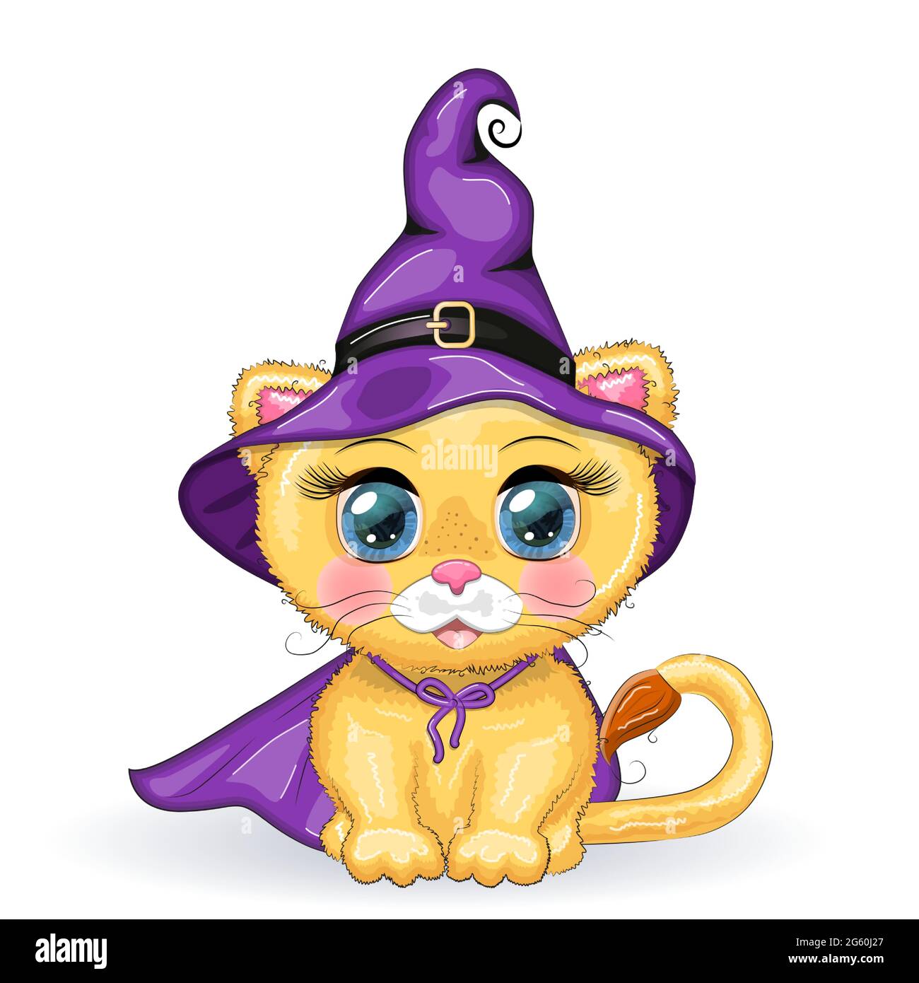 Cute cartoon leo with beautiful eyes, orange in a purple witch's hat ...
