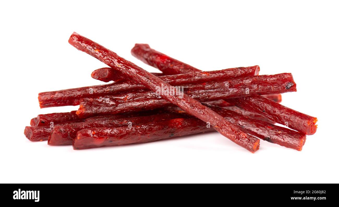 Dry salmon sticks isolated on white background. Dried fish snacks for ...