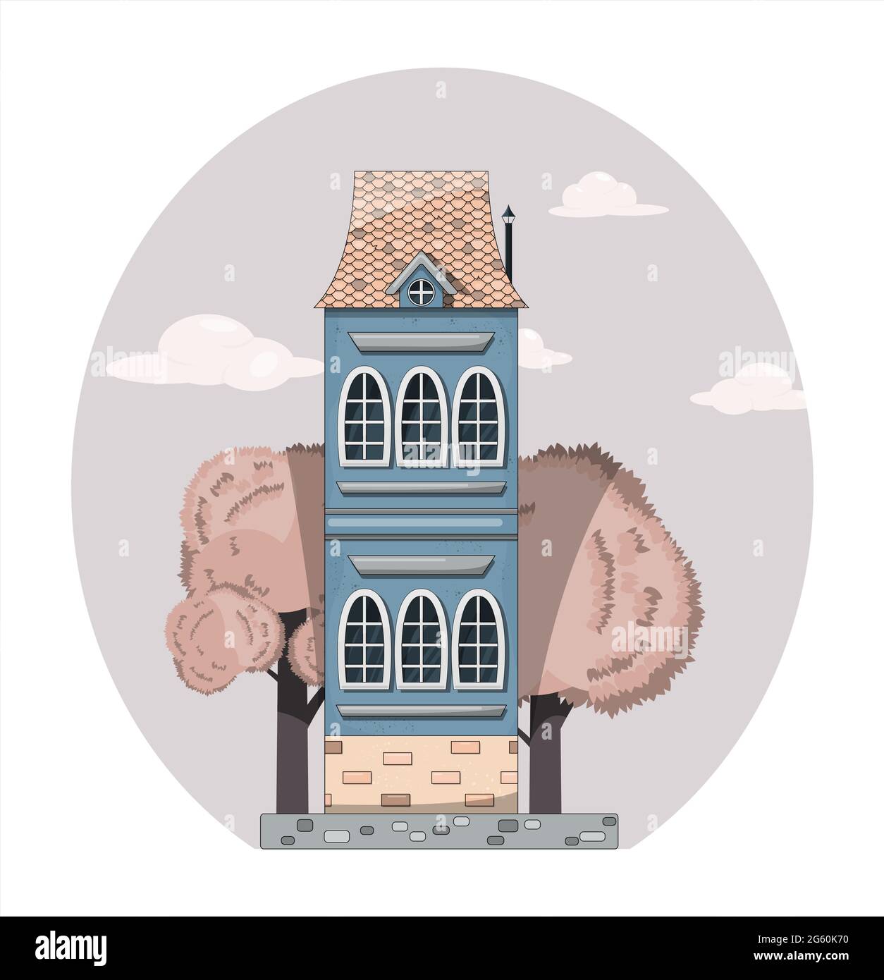 European house facade. Vector illustration. Flat design. Cute classical ...