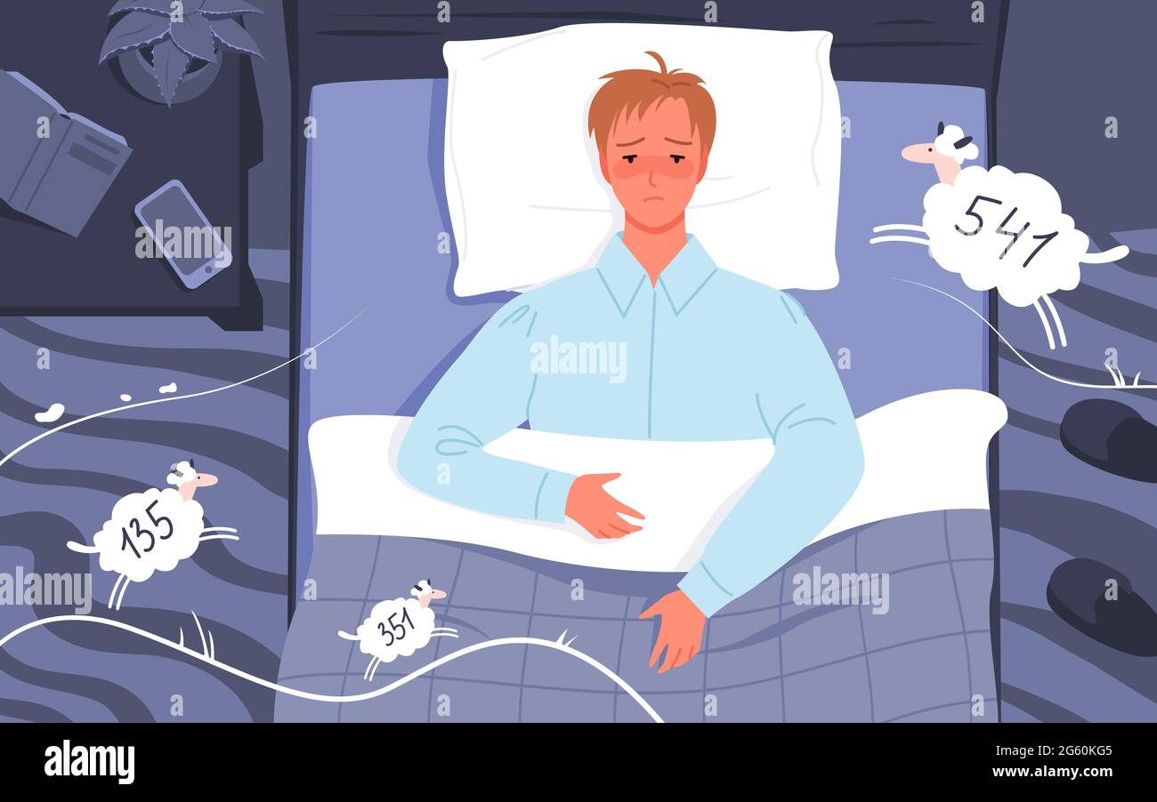 Cartoon sad sick guy character with psychology sleeping disorder ...