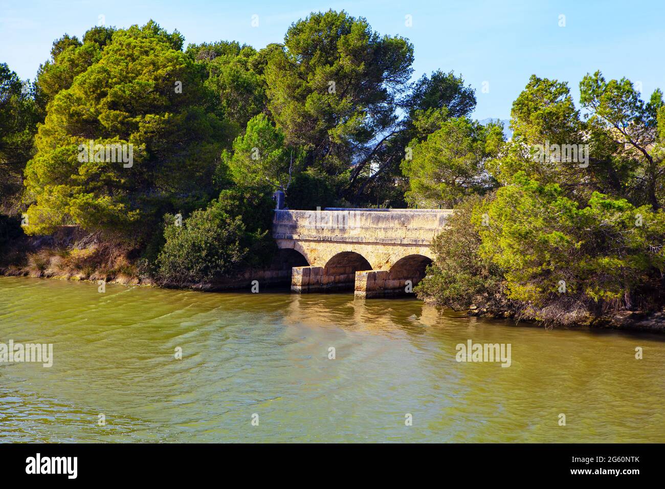 Old arch bridge and water canal . Lake Es Llac Gran in Alcudia Mallorca ...