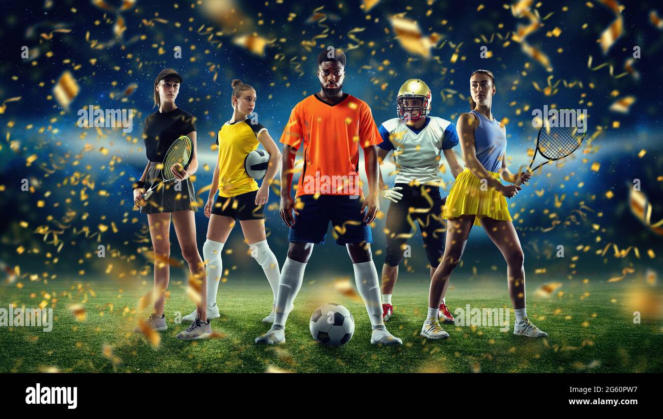 Sport collage. Volleyball, tennis, american, and soccer football ...