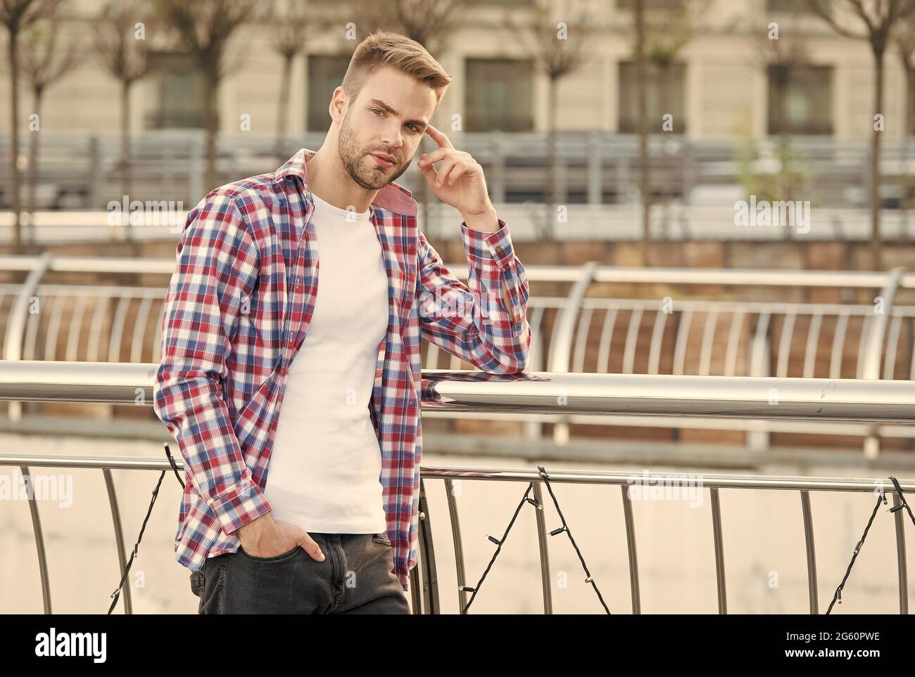 Modern man. Caucasian male resting in street. modern life concept ...