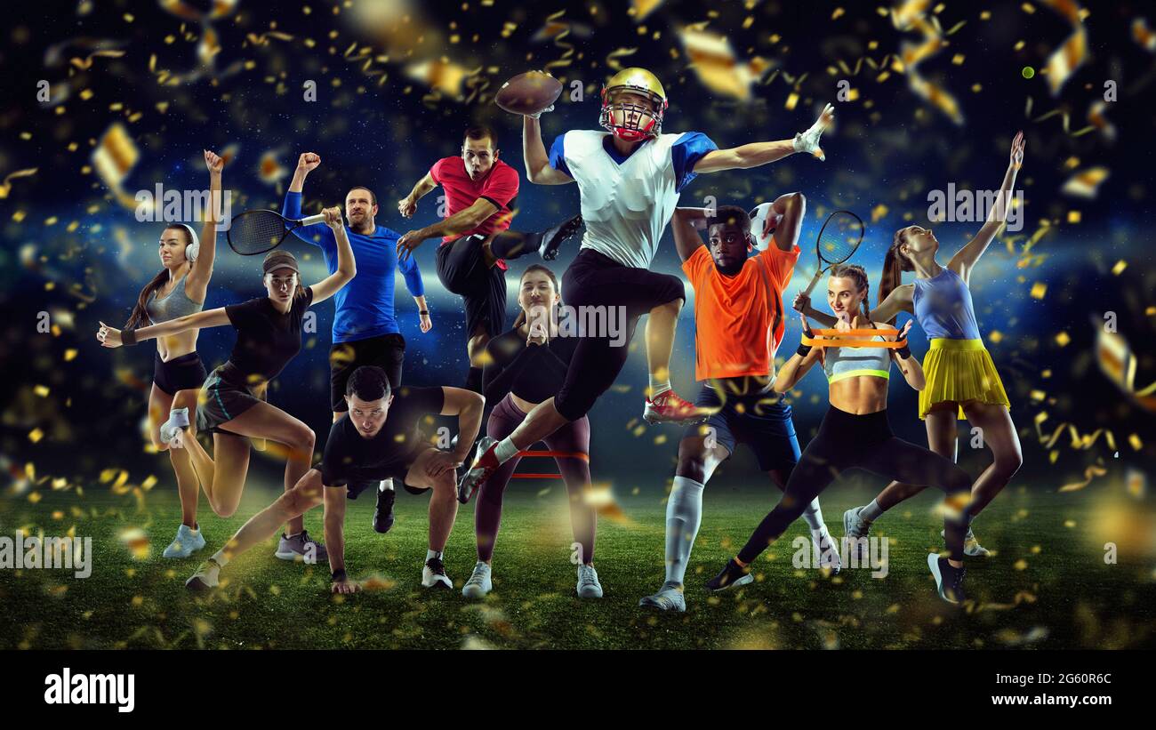 Sportsmen in action. Collage. Athletics, fitness, tennis, american ...