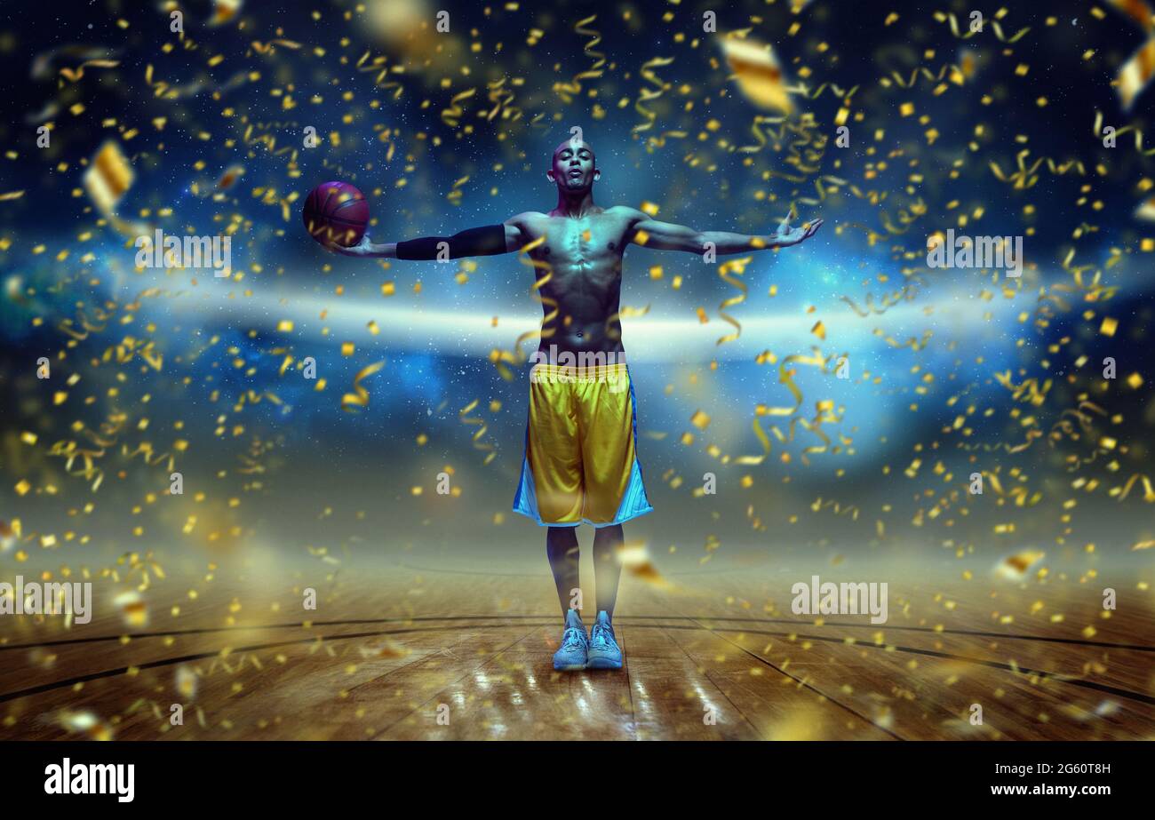 Victory. Beautiful african-american male basketball player with ball in ...