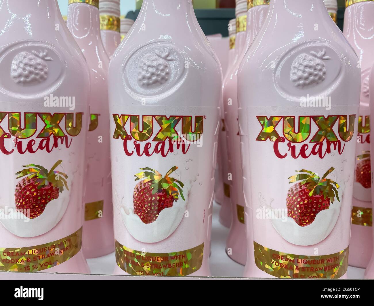Viersen, Germany - June 9. 2021: Closeup of pink bottles with xuxu ...