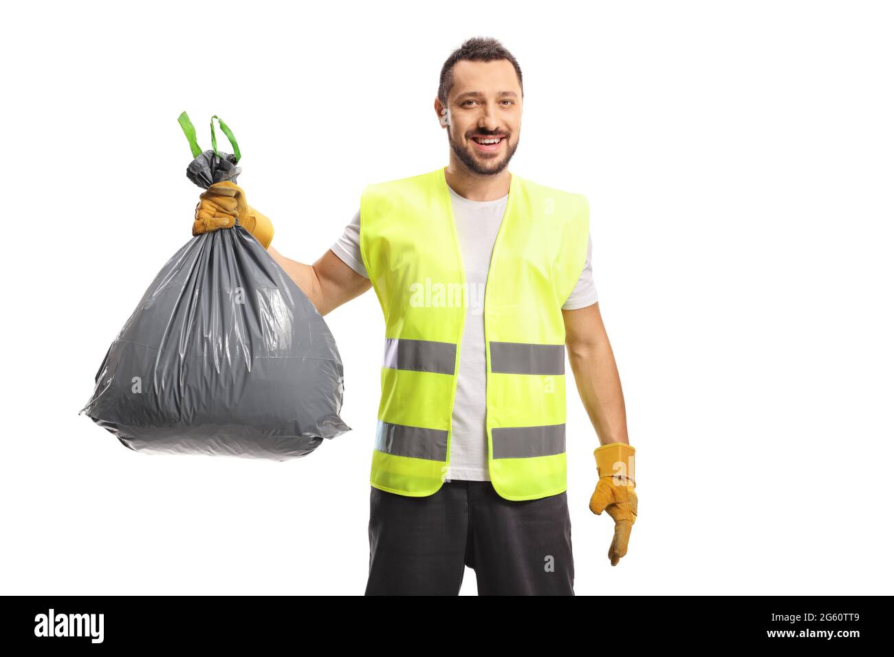Waste collector holding a bin bag with gloves isolated on white ...