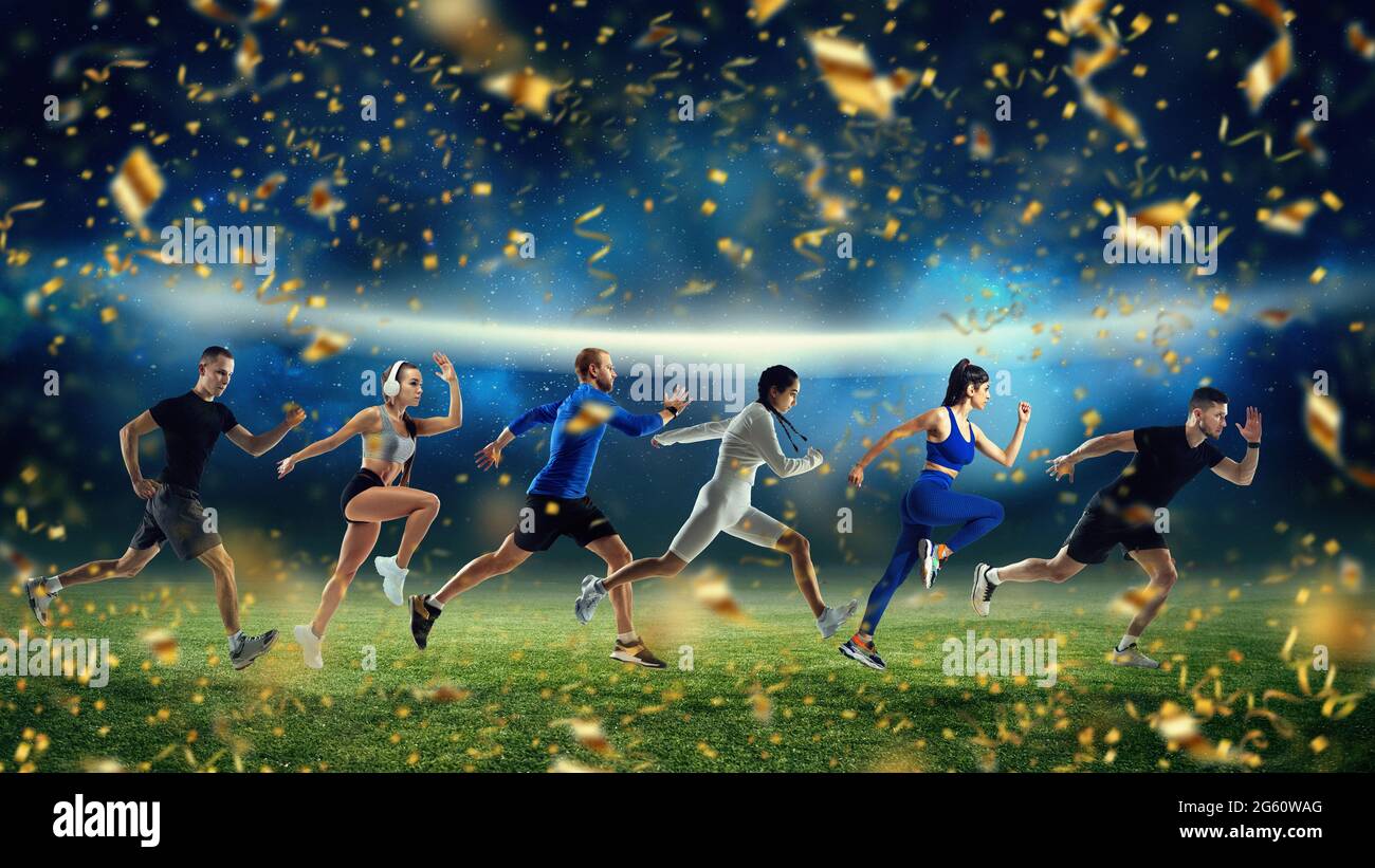 Sportsmen in action. Collage. Players running over stadium background ...