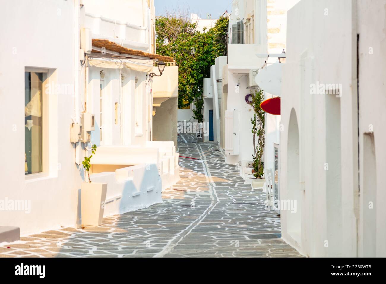 Paros island, Greece. Whitewashed buildings, narrow cobblestone streets ...