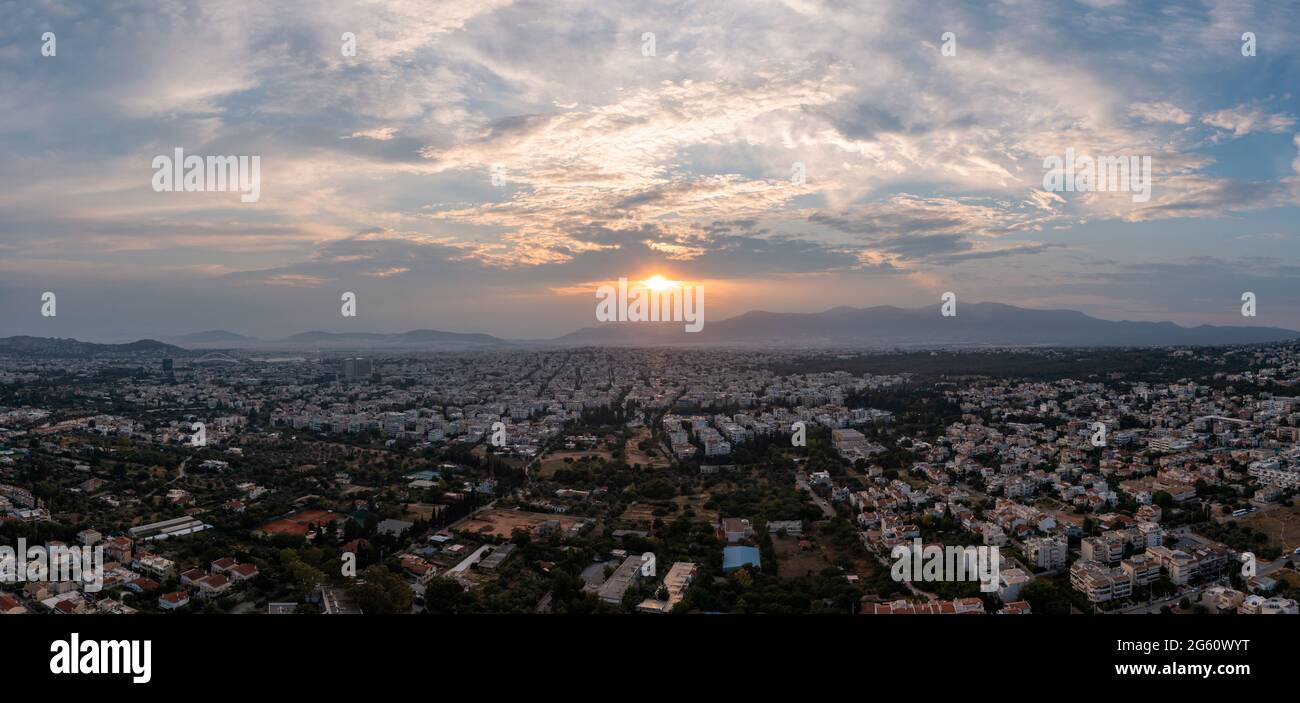 Athens Greece panorama at sunset. Sundown over Athens city, aerial ...