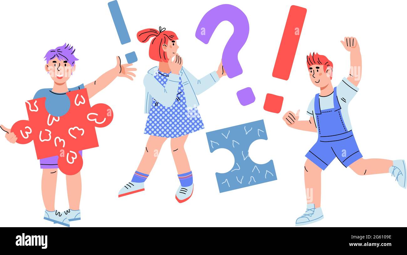 Smart thinking school children girl and boy with question and ...