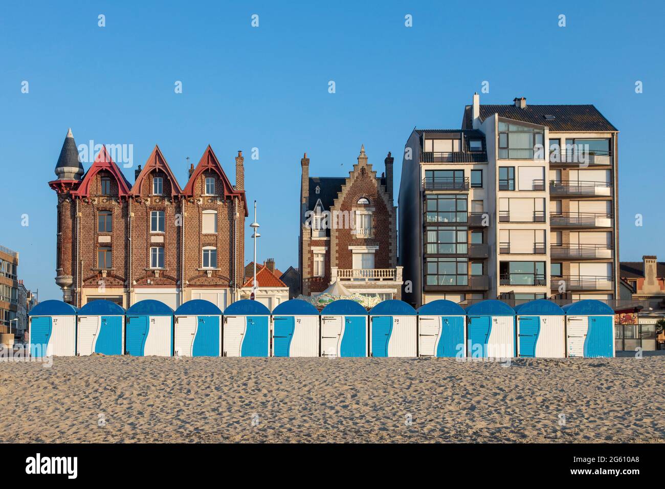 France, Nord, Dunkerque, Malo les bains, beach huts and facades of ...