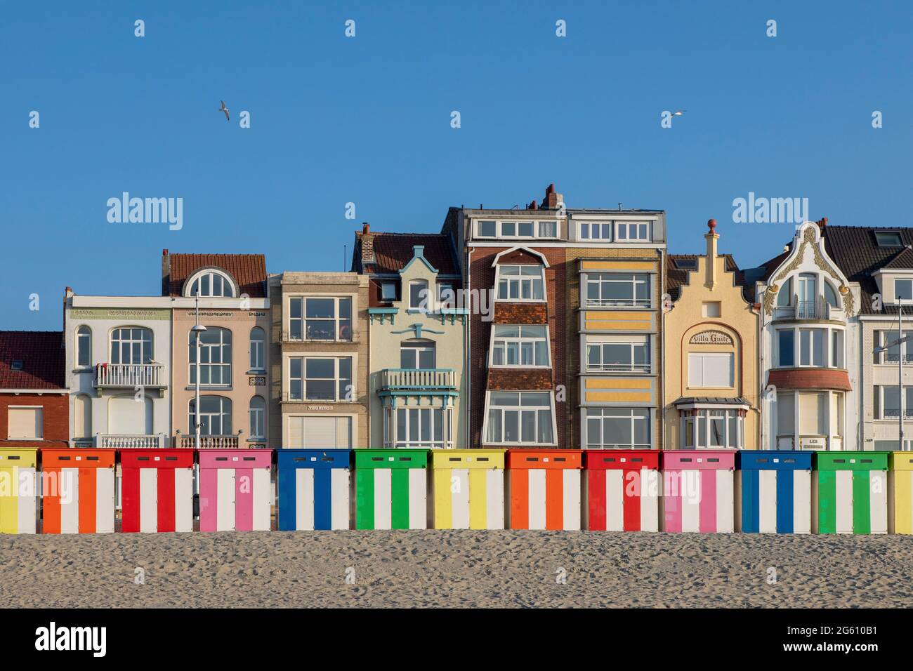 France, Nord, Dunkerque, Malo les bains, beach huts and facades of ...
