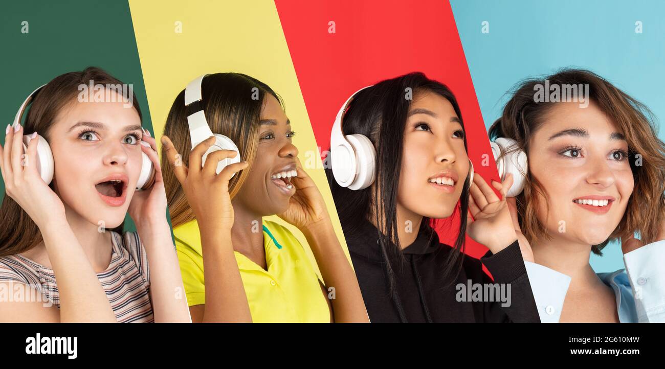 Collage of portraits of an ethnically diverse young women isolated over ...