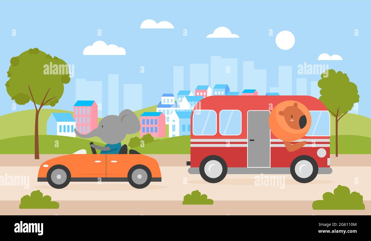 Cute animals drive car and bus on city street vector illustration ...